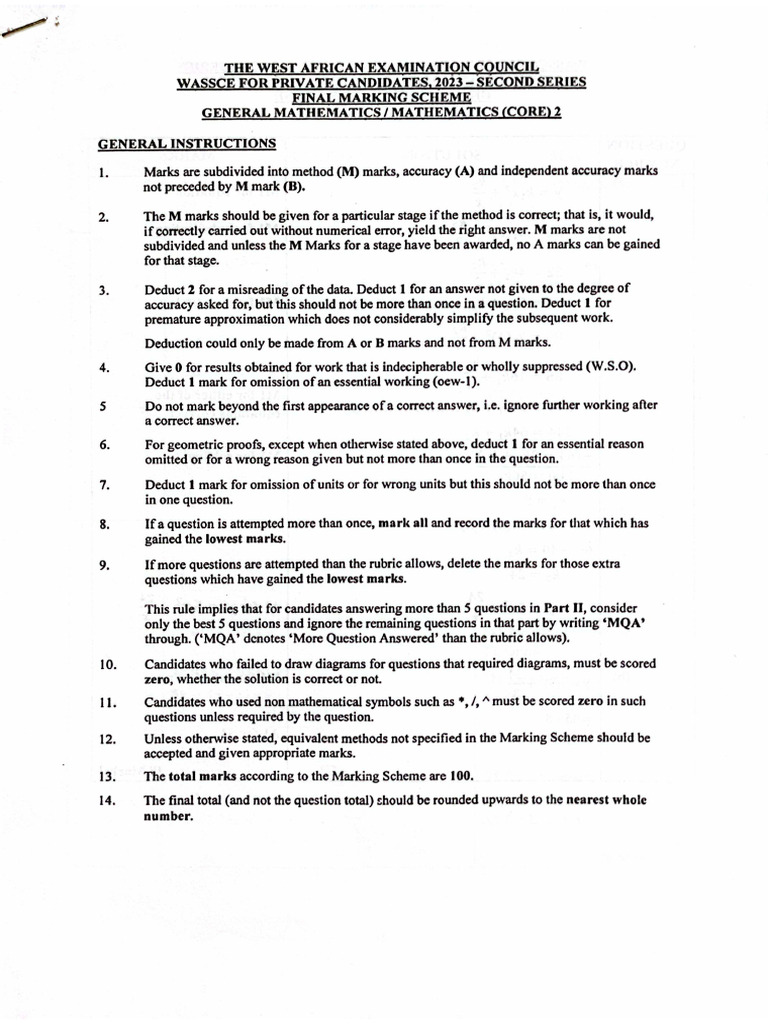 2023 Wassce Core Maths Scheme (Private) | PDF