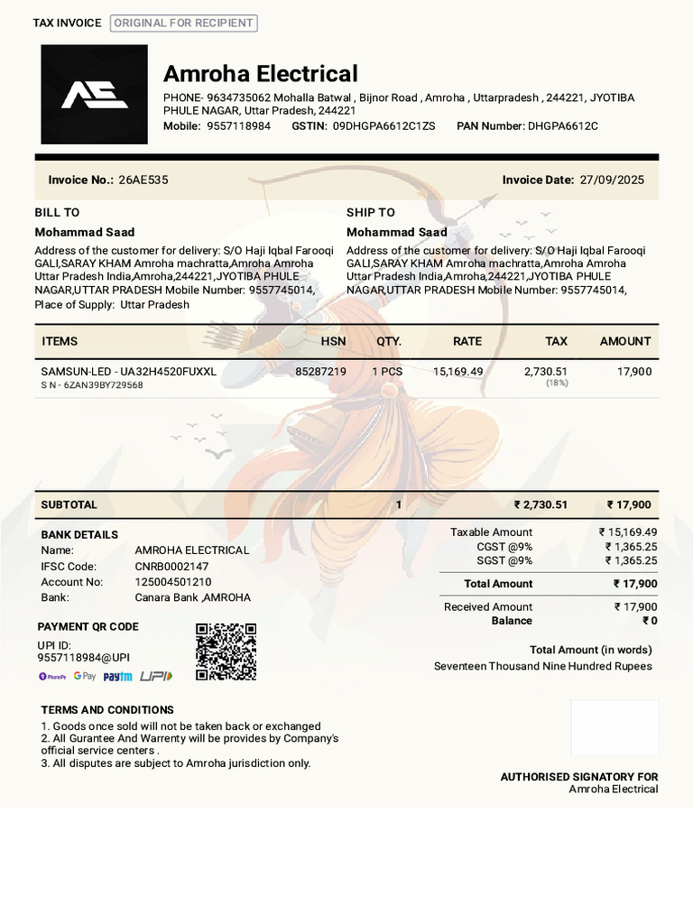 Mohammad Saad Sales Invoice 26AE535 | PDF | Invoice | Taxes