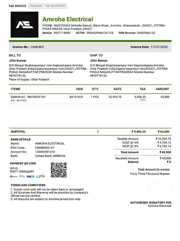 Jitin Kumar Sales Invoice 26AE465 | PDF | Invoice | Taxation