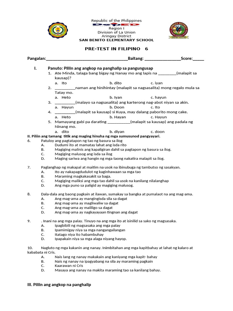 Pre-Test Filipino 6 | PDF