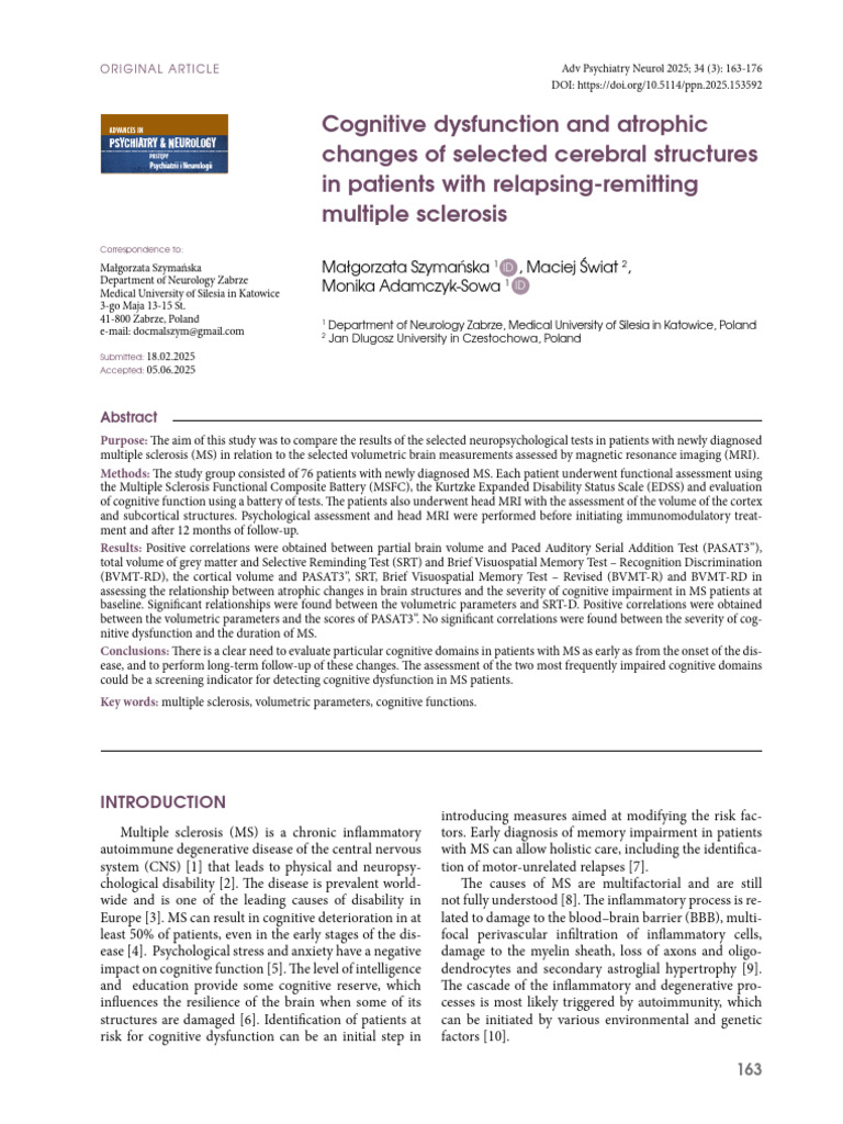Cognitive Dysfunction and Atrophic Changes of Sele | PDF | Multiple ...