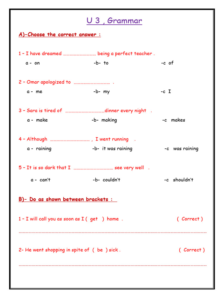 Grammar, 3 U:: Choose The Correct Answer - A) | PDF