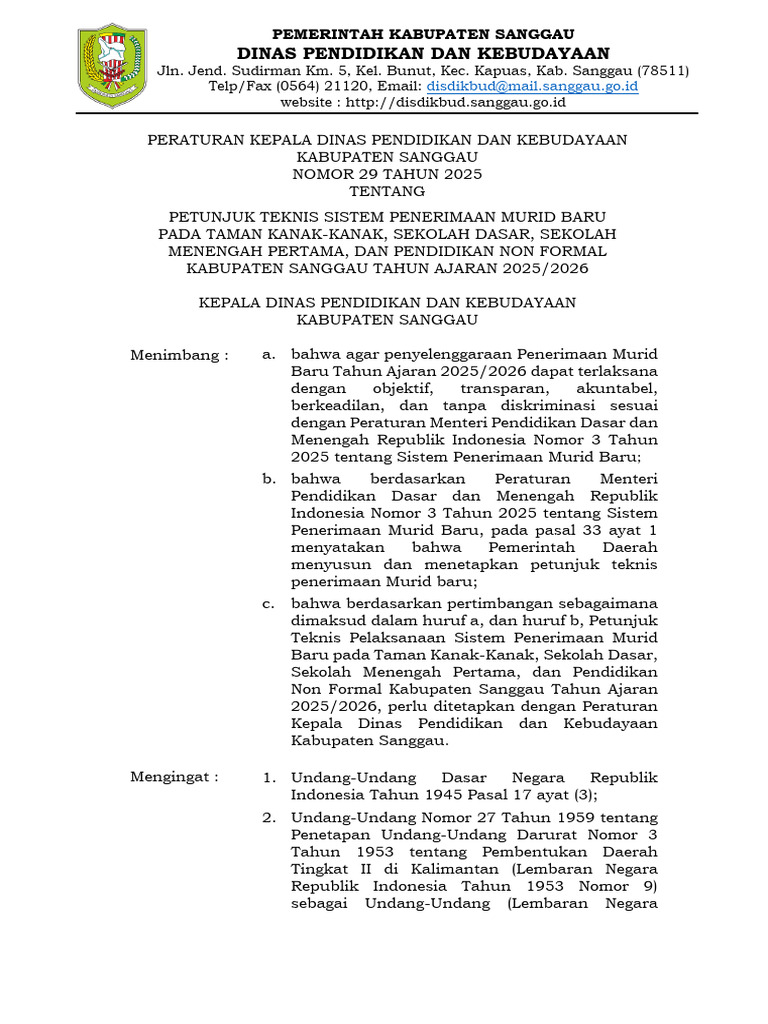 Juknis SPMB Kab Sanggau Jenjang Paud - SD - SMP - &PNF Ta 2025 - 2026 | PDF