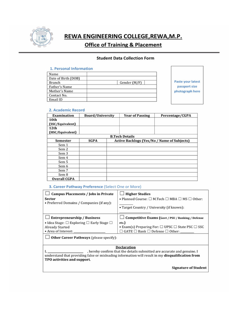 TPO Student Data Form | PDF