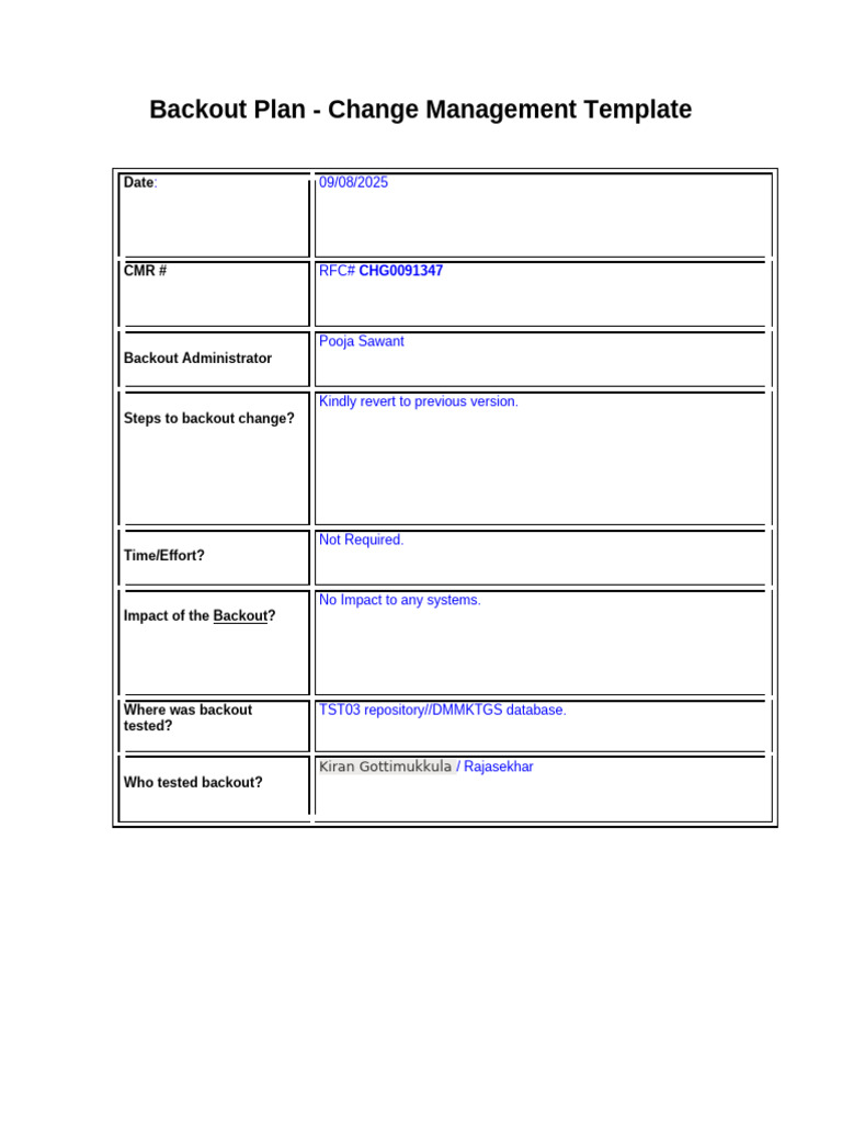 Backout Plan Template for Change Management | PDF