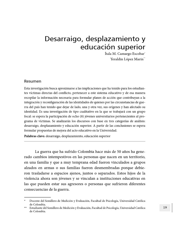 Desarraigo y educación superior en Colombia | PDF | Educación primaria ...