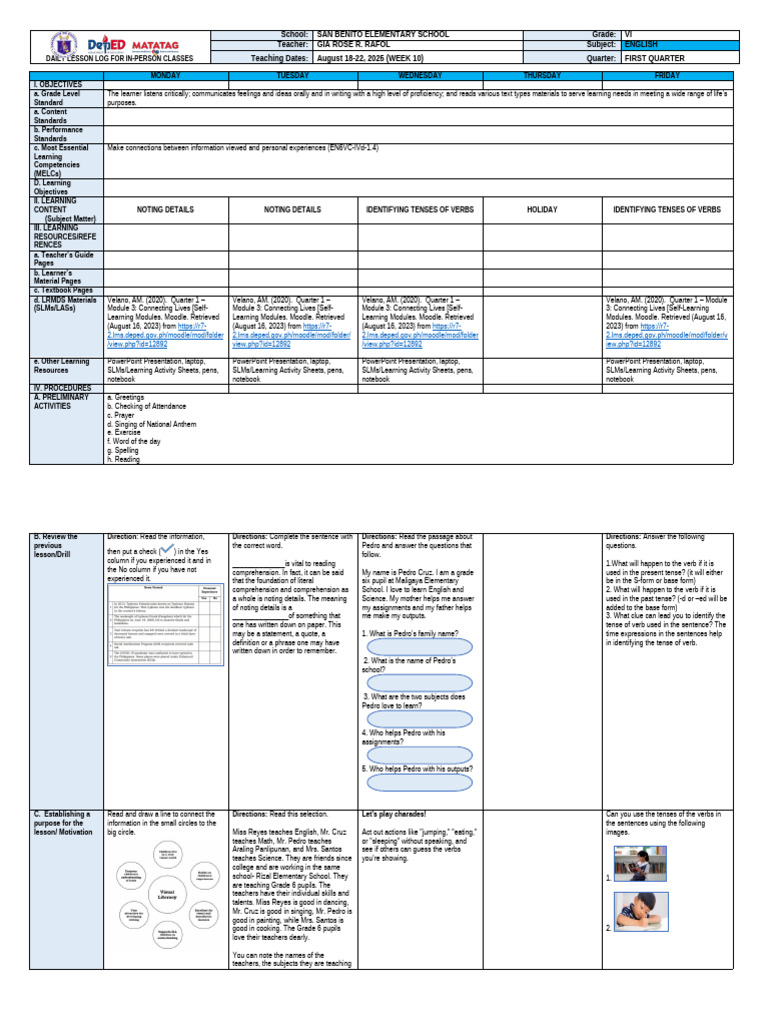 g6 q1w11 DLL English (Melcs) | PDF | Verb | Grammatical Tense