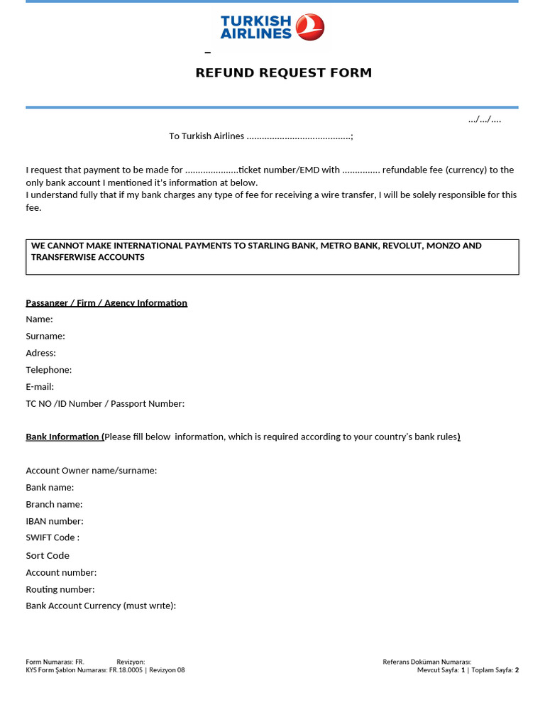 Turkish Airlines Refund Request Form | PDF