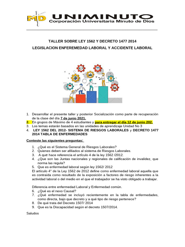 Taller Sobre Ley 1562 y Decreto 1477 2014 Unidad No 3 | PDF