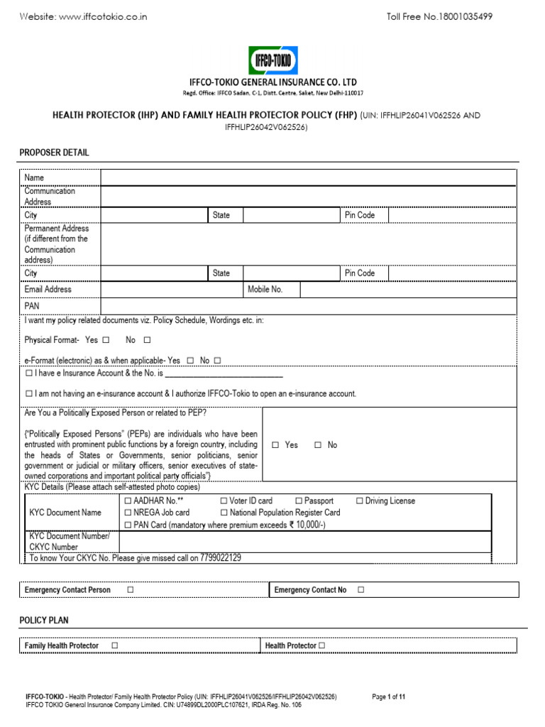 IFFCO-Tokio Health Proposal Form | PDF | Insurance | Identity Document