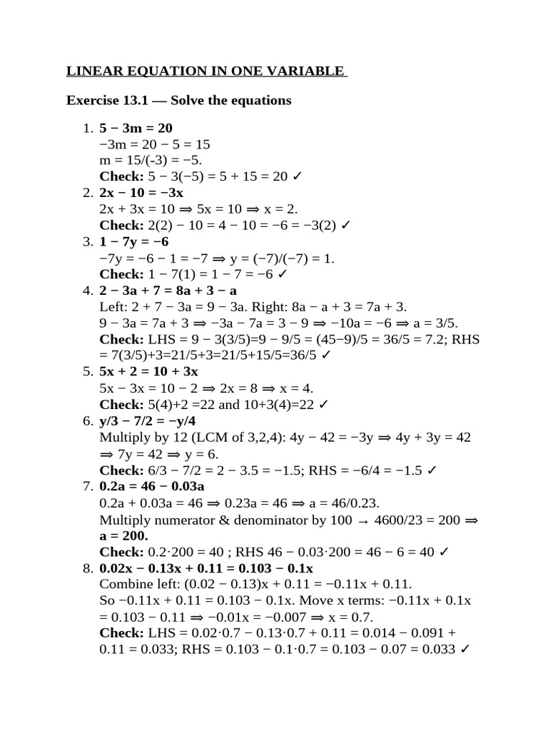 Class 7 Test Linear Equations in One Variable | PDF | Odds | Mathematics
