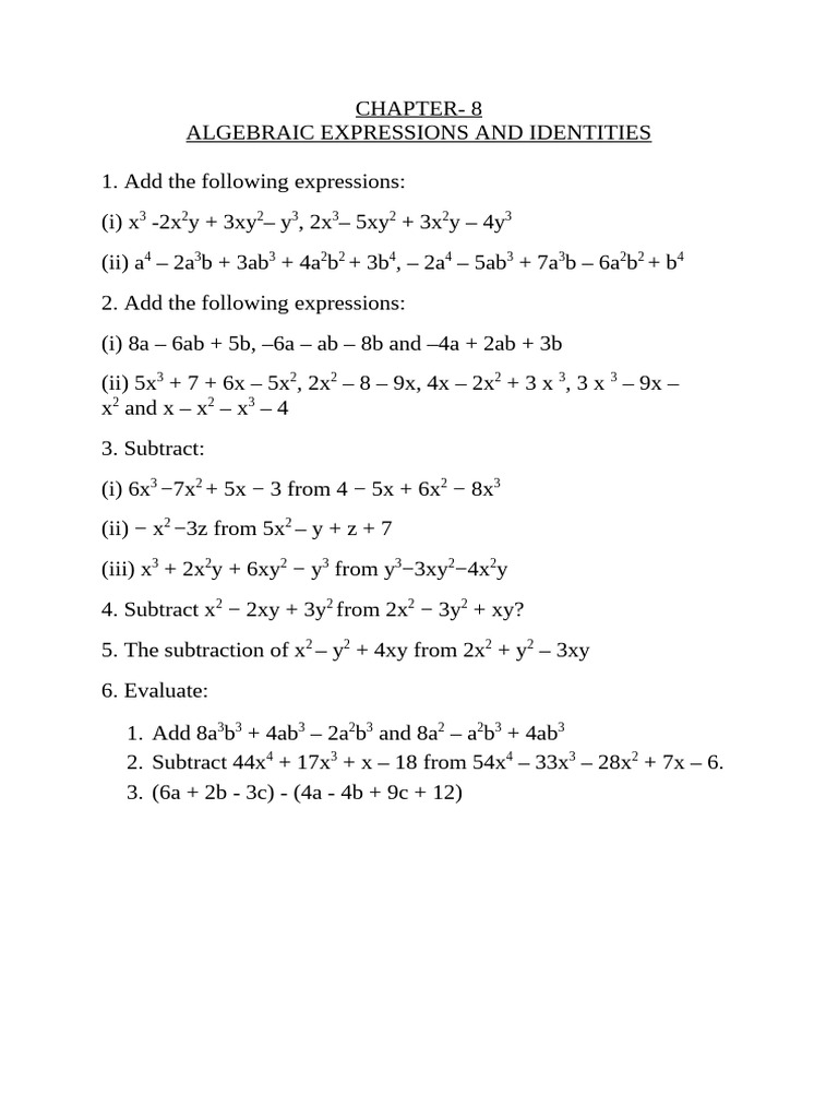 Class 8 Algebraic Expressions Guide | PDF