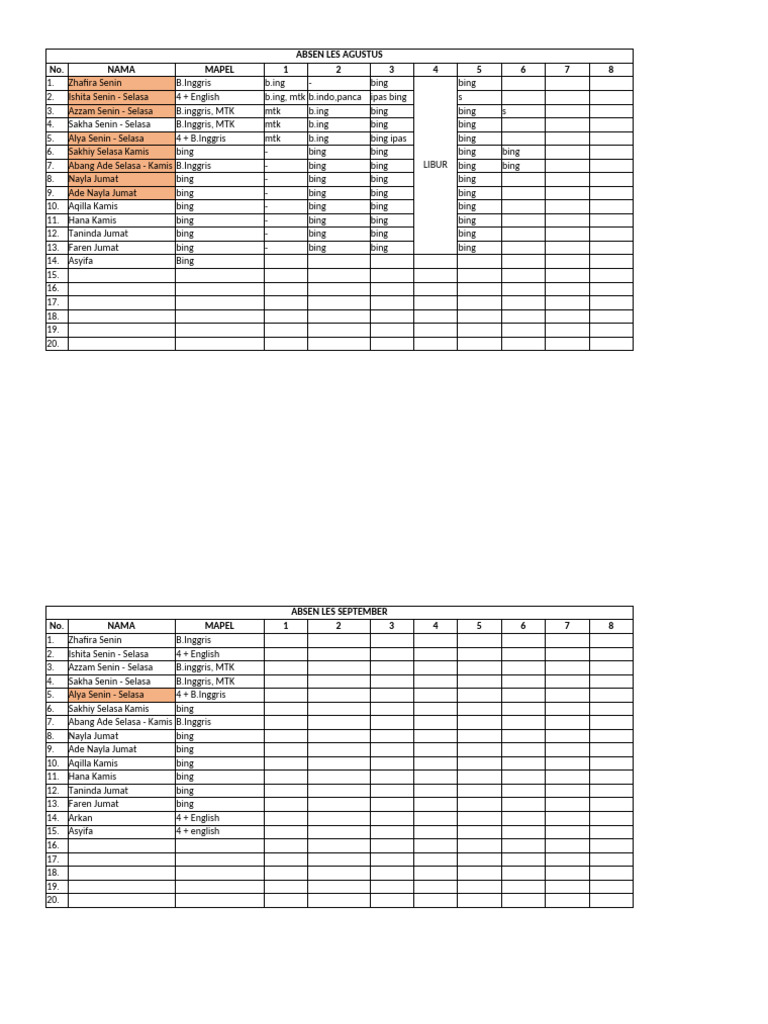 Daftar Absen Les Agustus dan September | PDF