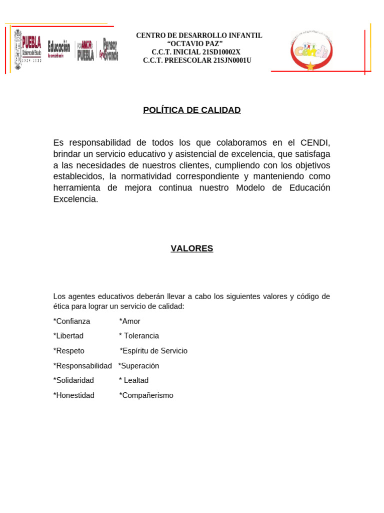 Política de Calidad y Valores Cendi | PDF