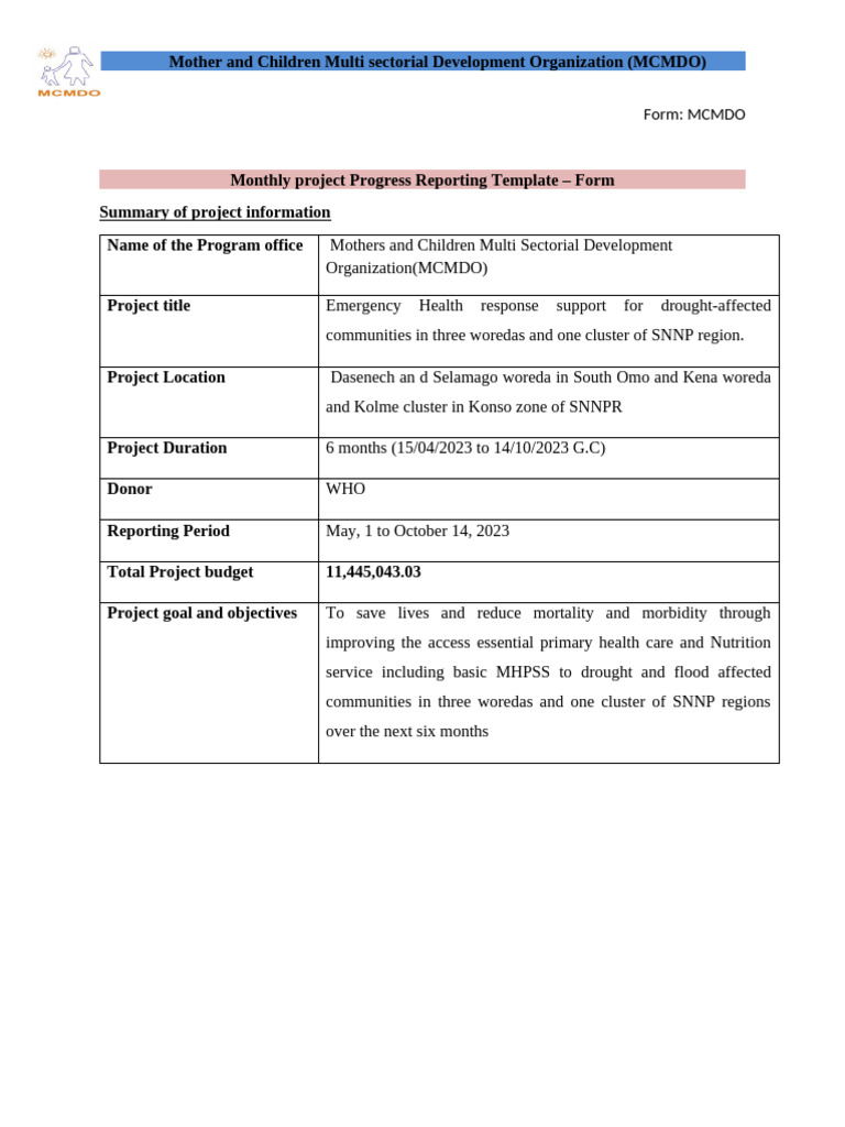 MCMDO Emergency Health Project Report | PDF | Cholera | Public Health