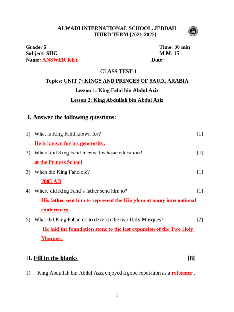 G6 S.H.G Class Test - 1 Third Term Answer Key | PDF