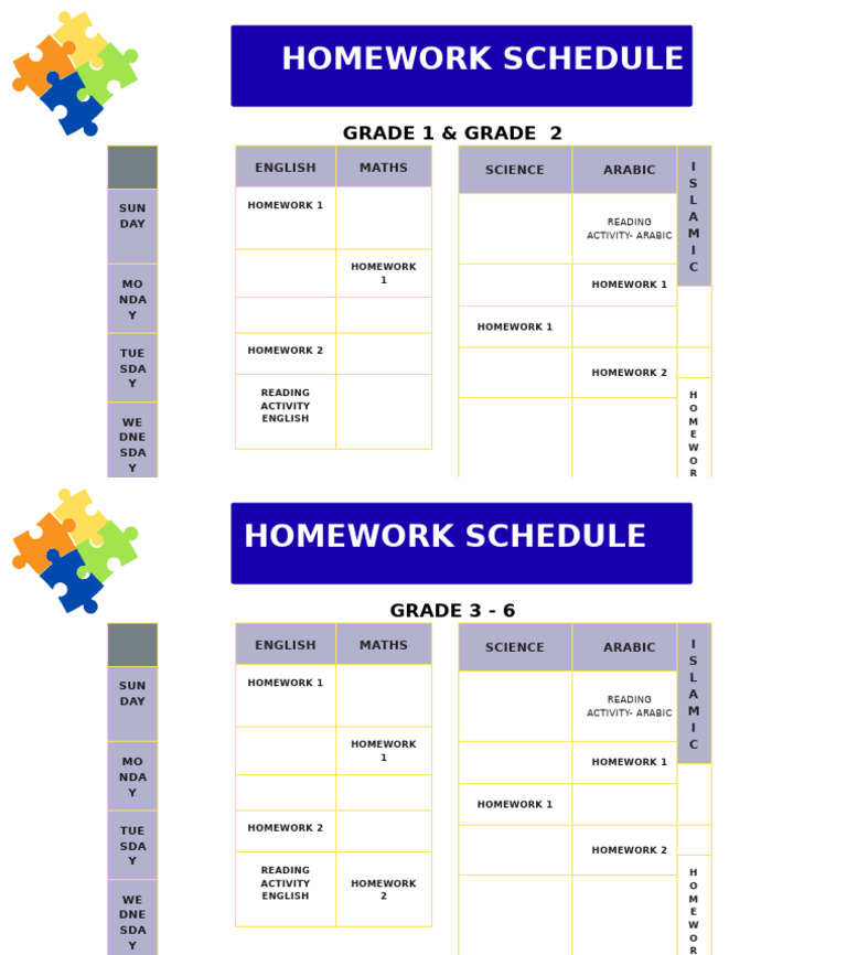 Grade 1-6 Homework Schedule | PDF