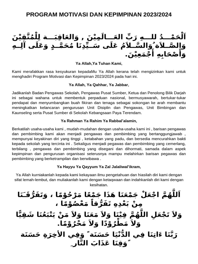 Doa Program Motivasi & Kepimpinan 2324 | PDF