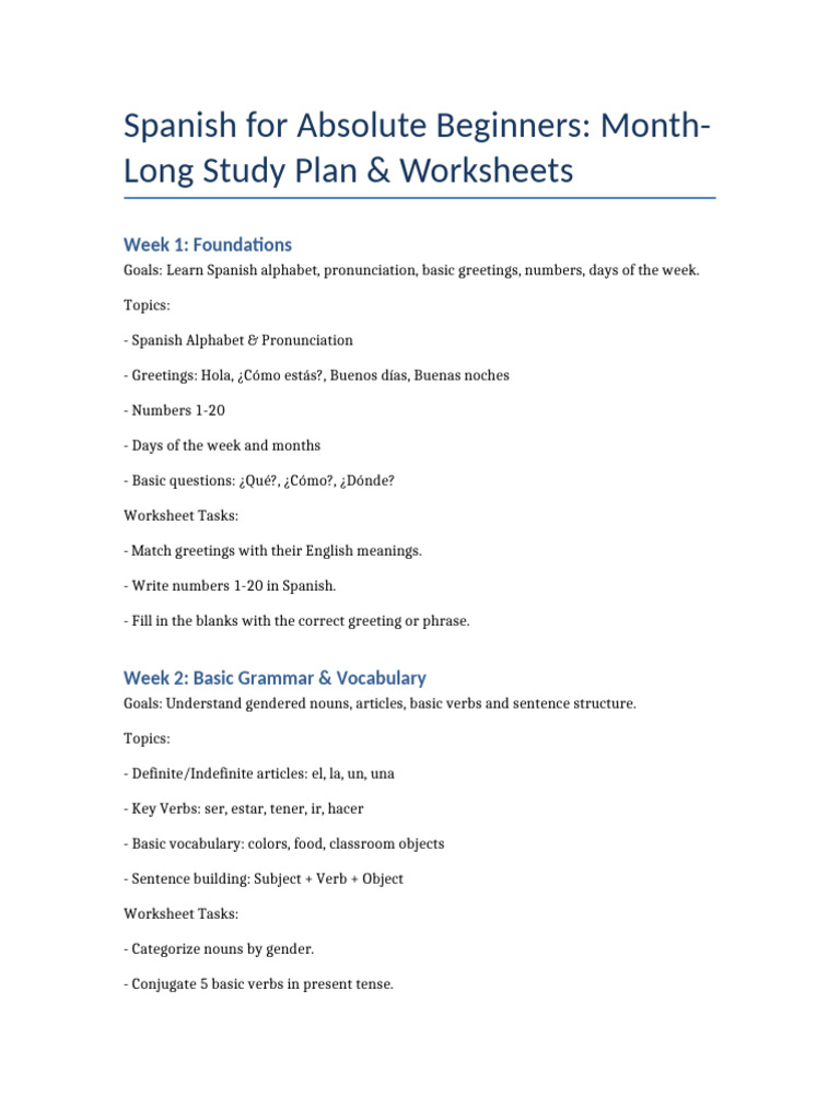 Spanish Beginner Month Plan and Worksheets | PDF