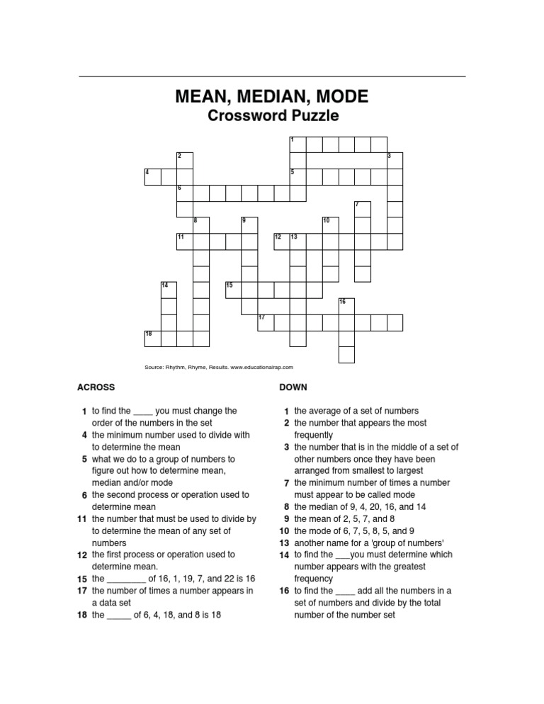Crossword Puzzle - Mean, Median, Mode | PDF | Mode (Statistics) | Median