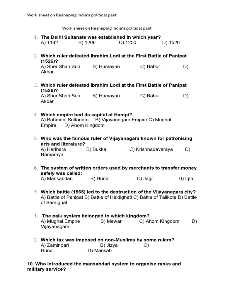 Worksheet On Reshaping India's Political Past | PDF | Mughal Empire