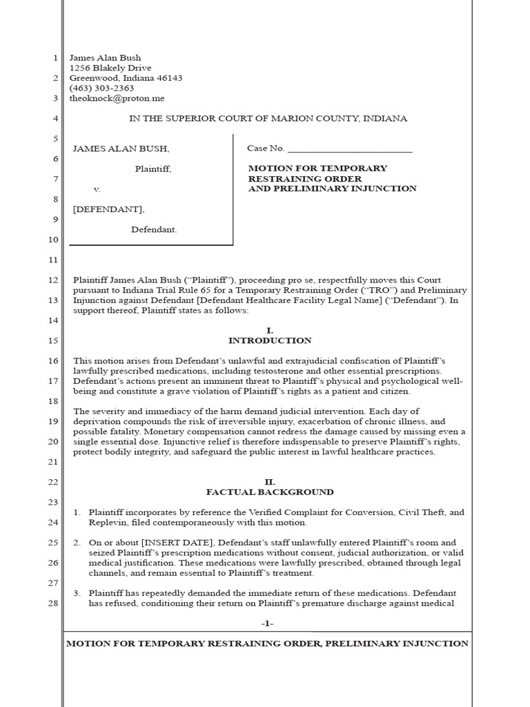 Indiana TRO Motion for Medication Return | PDF | Injunction | Common Law