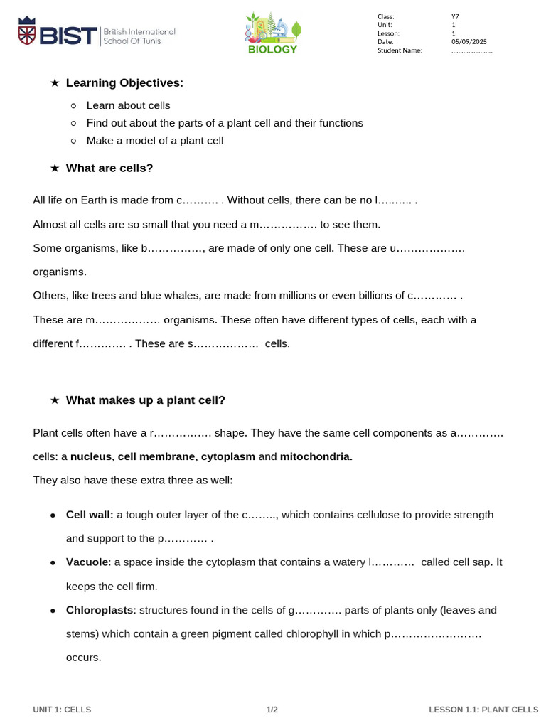 Y7-Lesson 1.1 Plant Cells | PDF