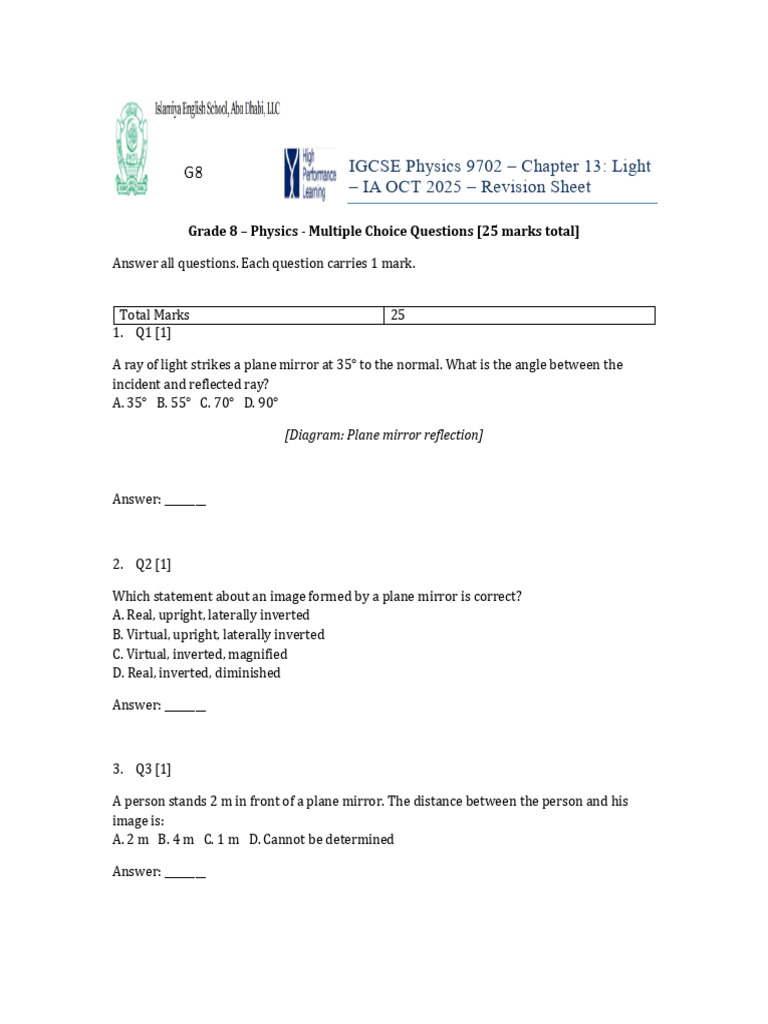 IGCSE Physics Light Revision Questions | PDF | Optics | Electrodynamics