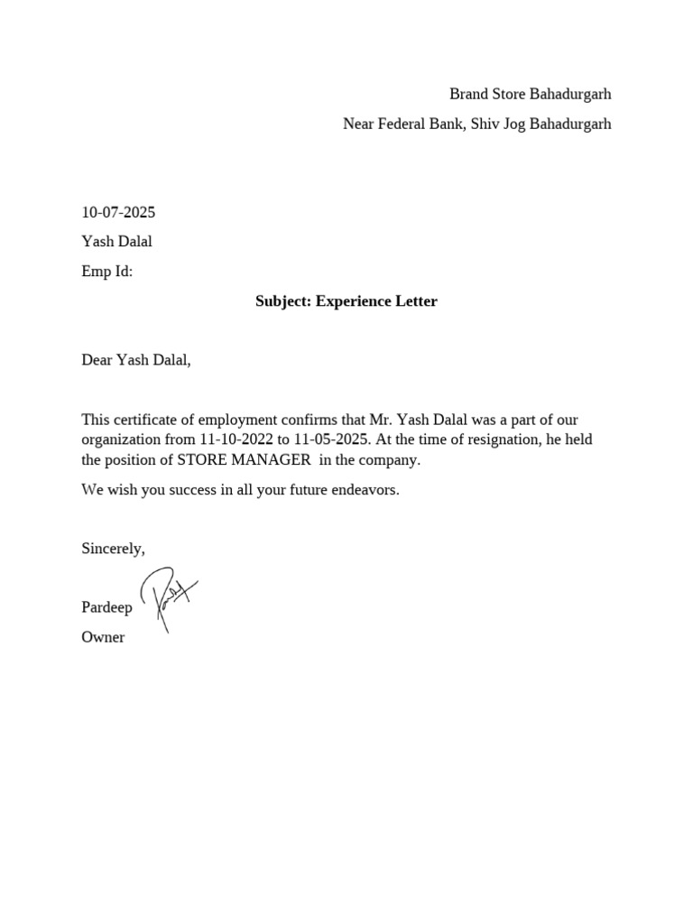 Yash Dalal Experience Letter | PDF