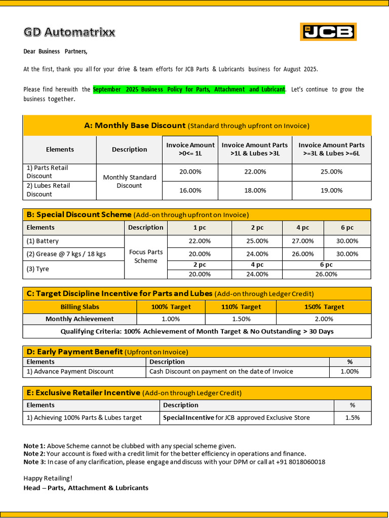 September 2025 JCB Parts Discount Policy | PDF | Lubricant | Money