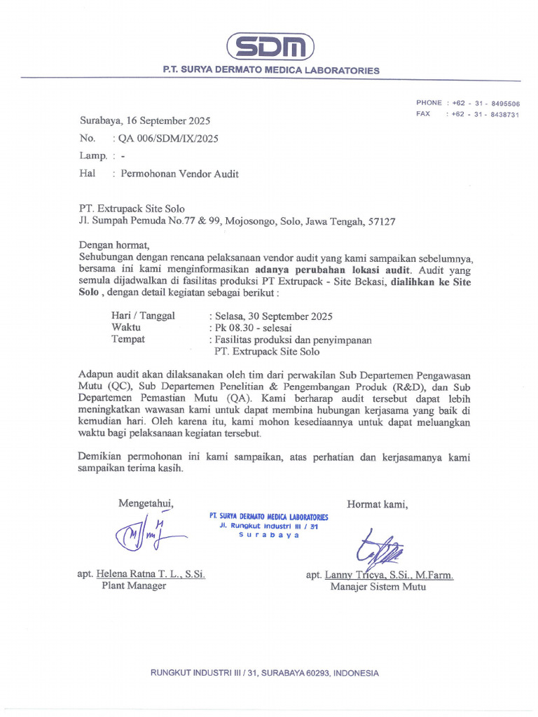 Surat Permohonan Audit Vendor PT Extrupack Site Solo | PDF