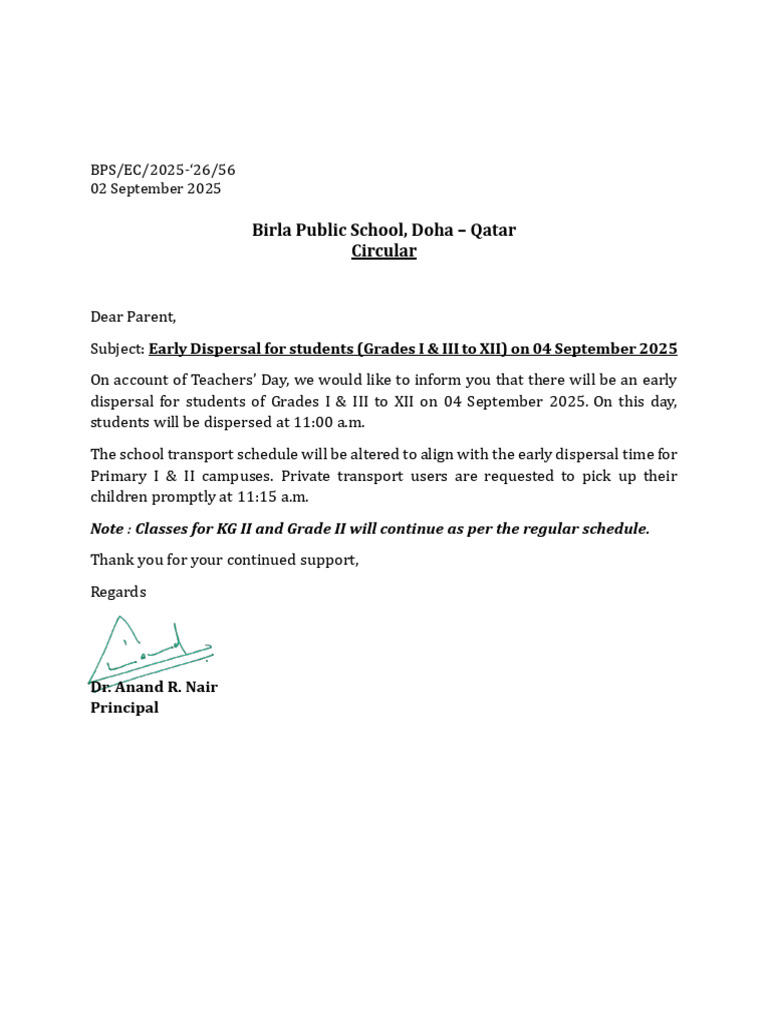 Circular 56 - Early Dispersal of Classes (Grades I & III To XII) On 4 Sept 2025 | PDF