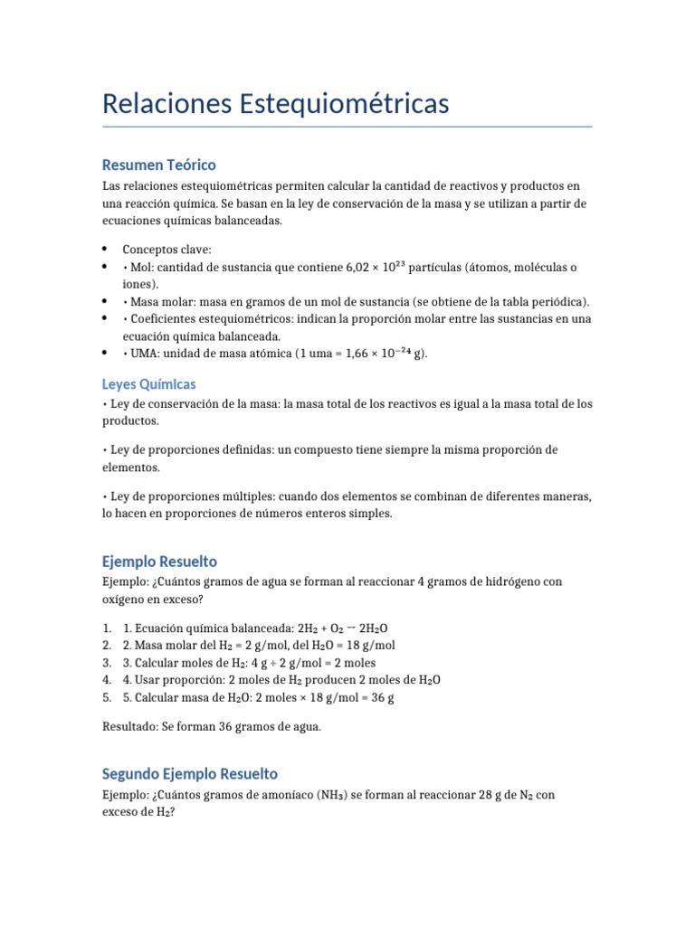 Relaciones Estequiometricas Ejercicios Pdf