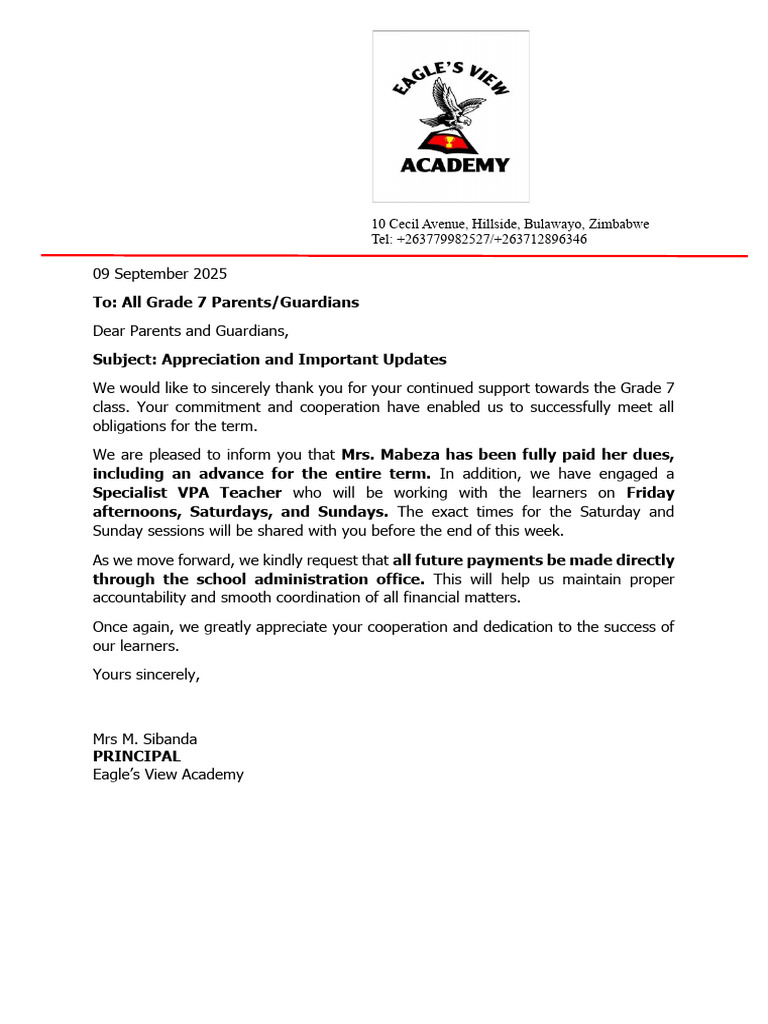 Grade 7 Parents Feedback Letter | PDF