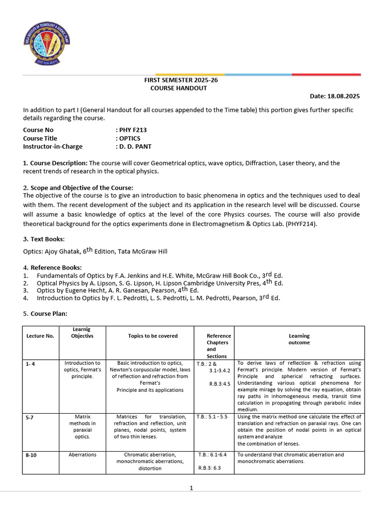 PHY F213 - 2025-26 Sem I | PDF | Diffraction | Coherence (Physics)