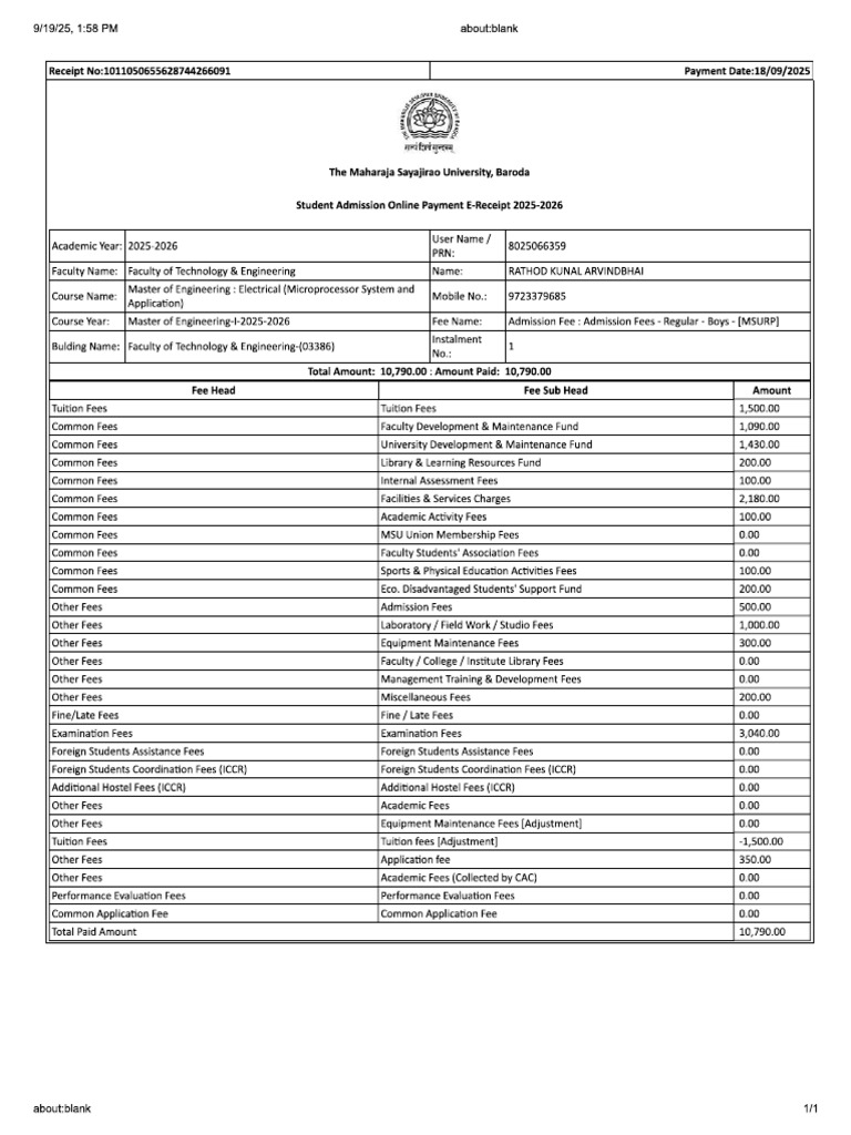 MSU Baroda Fees Recipt 2025-26 | PDF