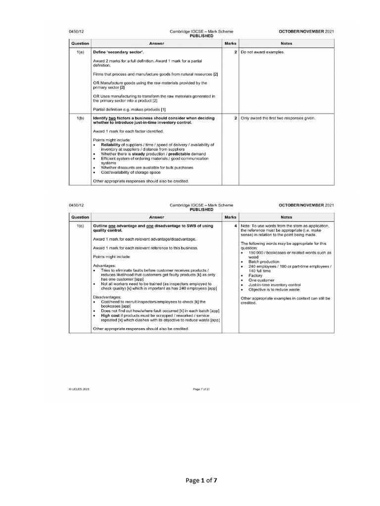 Additional Detailed IG1 IGCSE Business Studies Past Paper Marking ...