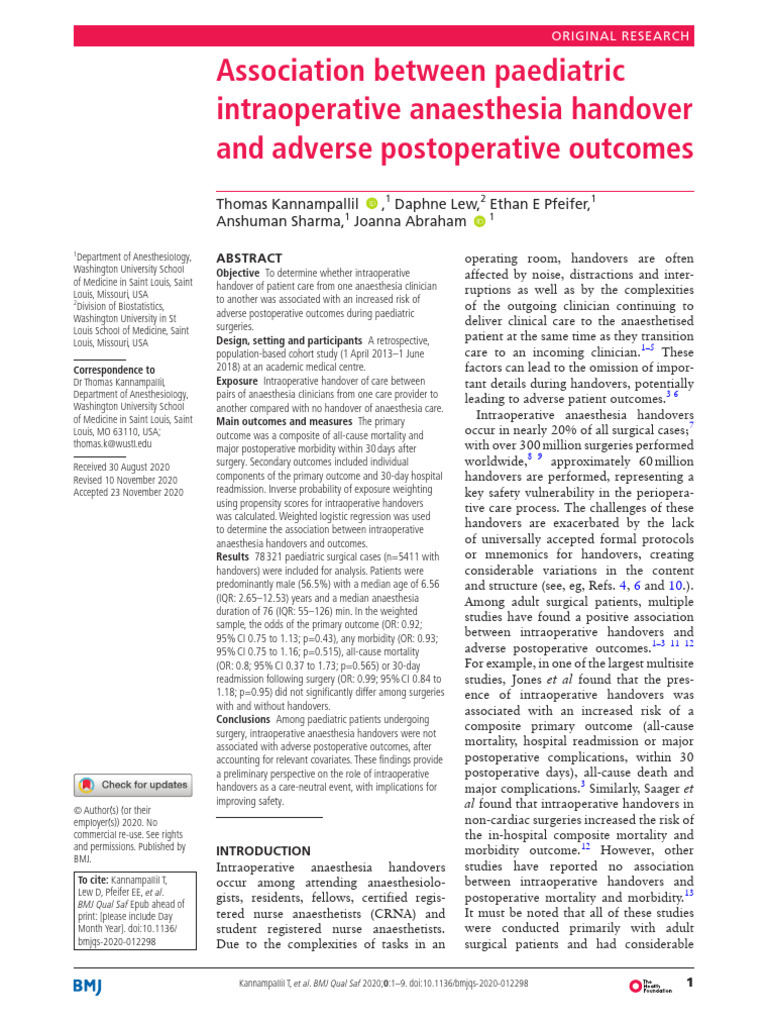 Pediatric Anesthesia Handover Outcomes | PDF | Anesthesia | Perioperative