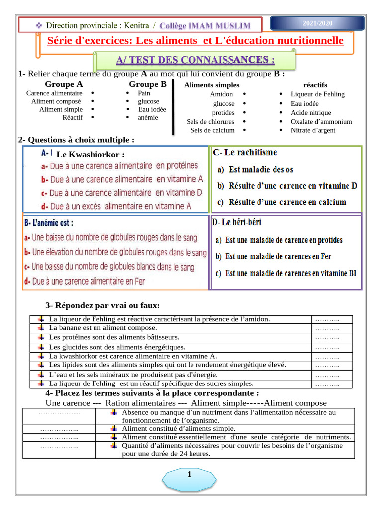 Série D'exercices Les Aliments Et L'Éducation Nutritionnelle - Copie ...