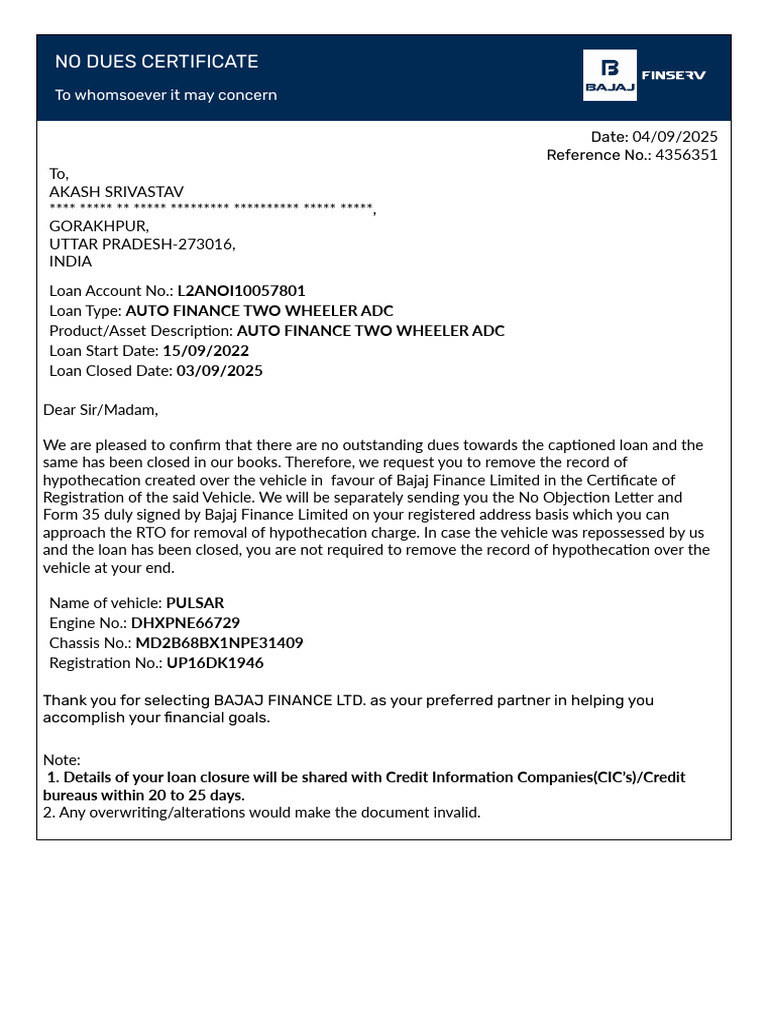 No Dues Certificate | PDF | Payments | Banking Technology