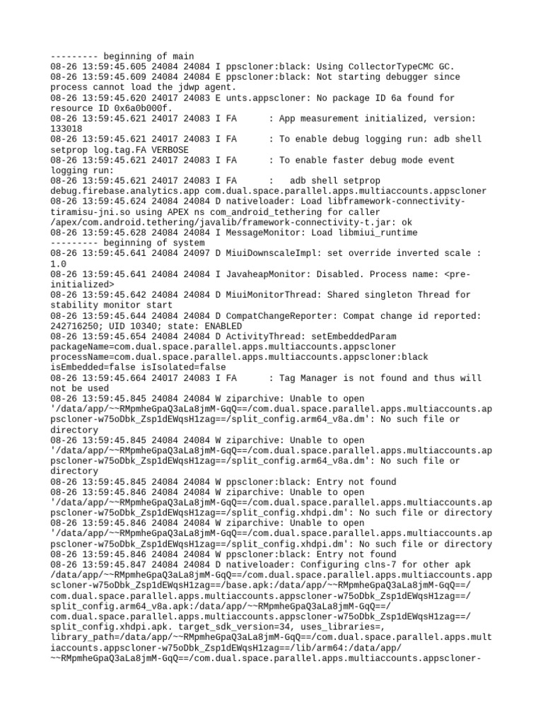 Com - Dual.space - Parallel.apps - Multiaccounts.appscloner Logcat | PDF | Android (Operating ...