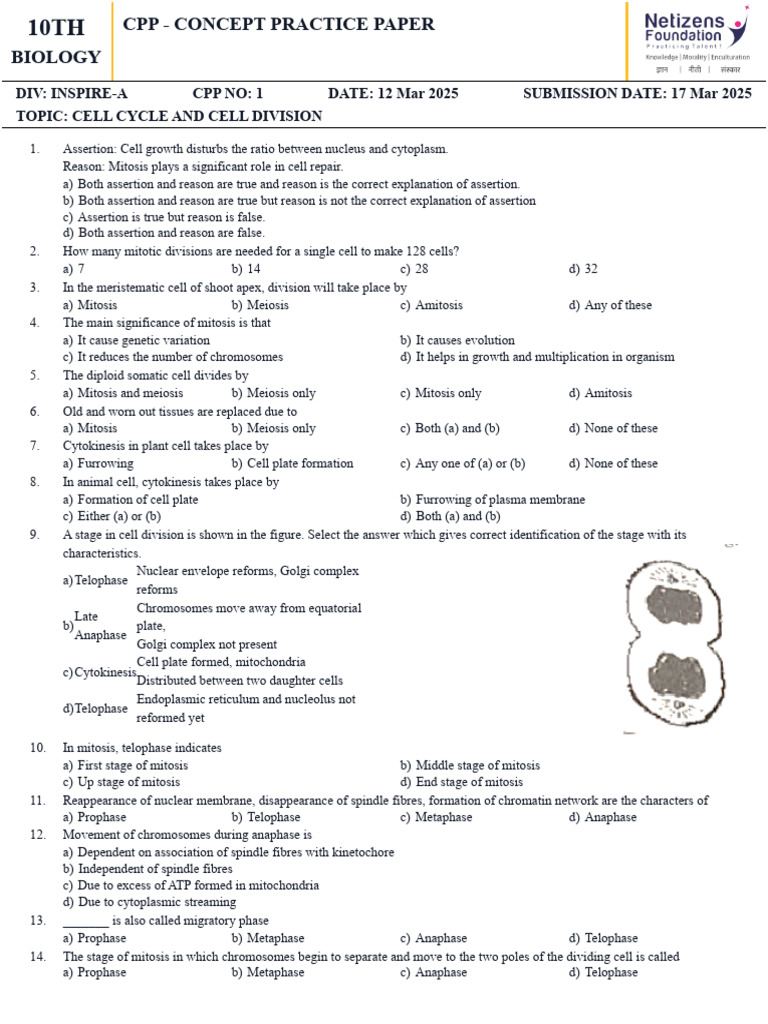 n5 10th Inspire A Bio CPP 01 Cell Cycle and Cell Division 12-03-2025 | PDF | Mitosis | Anatomy