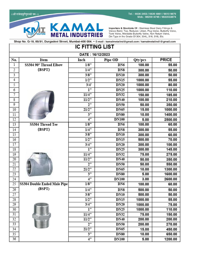 SS304 Pipe Fittings Price List | PDF | Plumbing | Machining