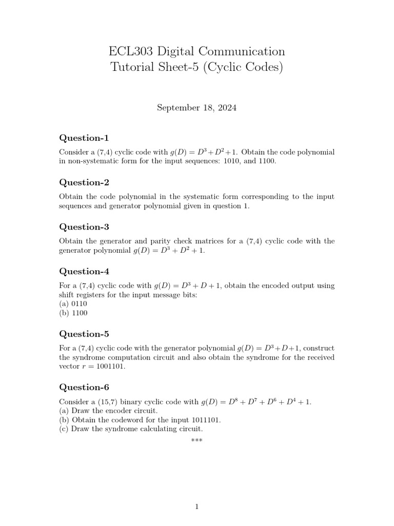 DComm Tutorial Sheet-5 Cyclic Codes | PDF