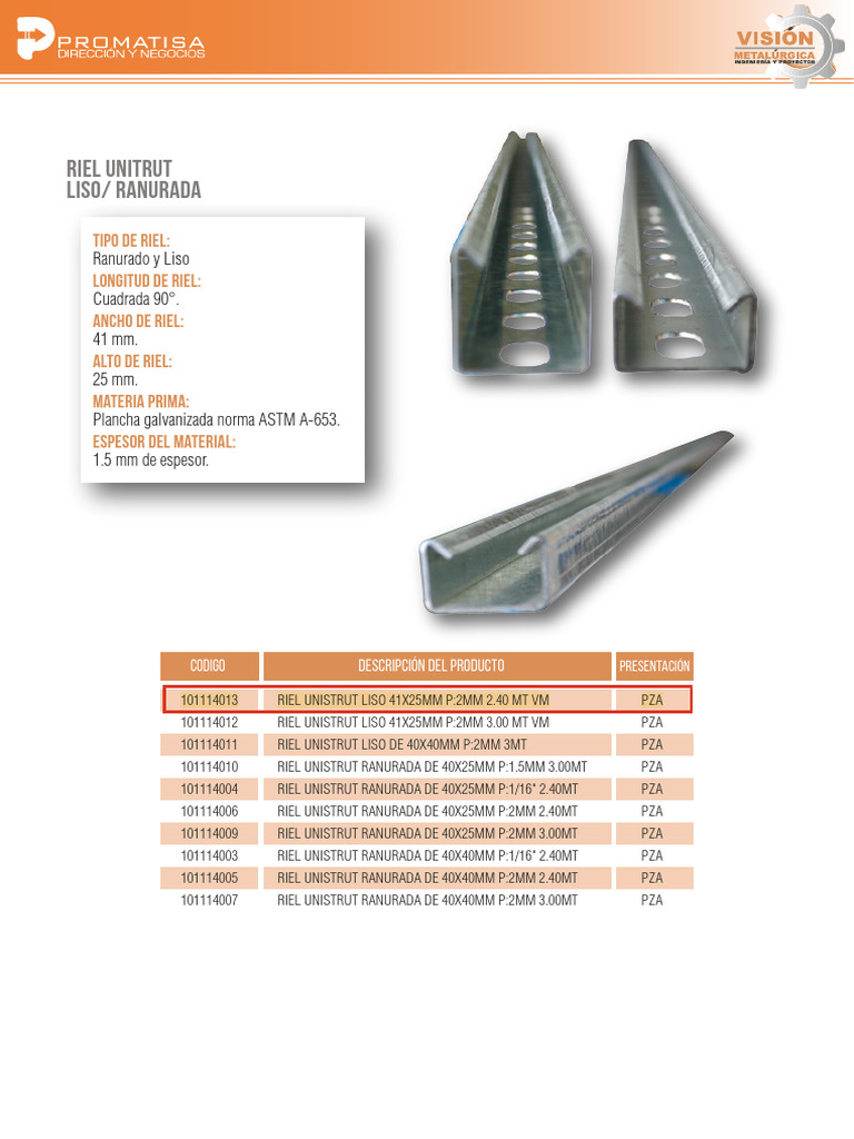 CEC05 - FT - 760 - Ficha Técnica - Riel Unistrut Liso Ranurado - PROMATISA | PDF