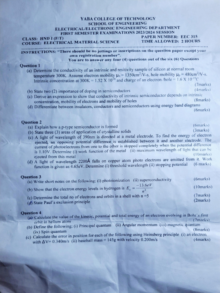 Past Questions For HND 1 | PDF | Electrical Resistivity And ...