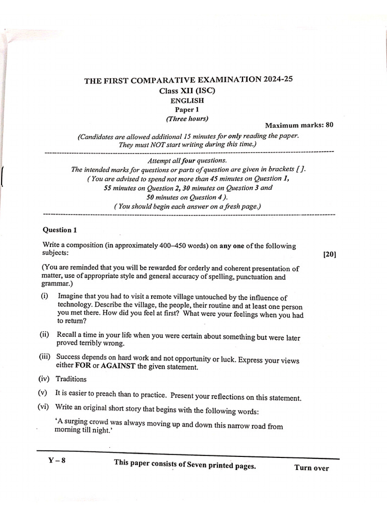 Isc Class Xii - I Comparative Exam Papers 2024 - 25 | PDF