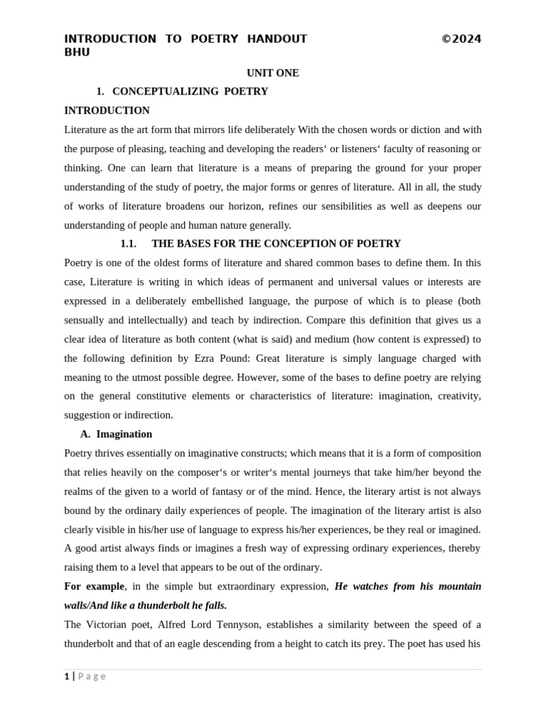 Intd. Poetry U 1 2 Handout 1 | PDF | Poetry | Semantics