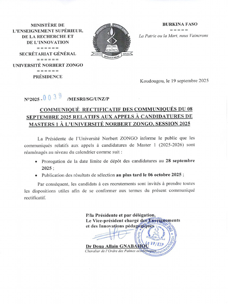 UNZ Recrutement Master1 2025 Communiqué Rectificatif | PDF