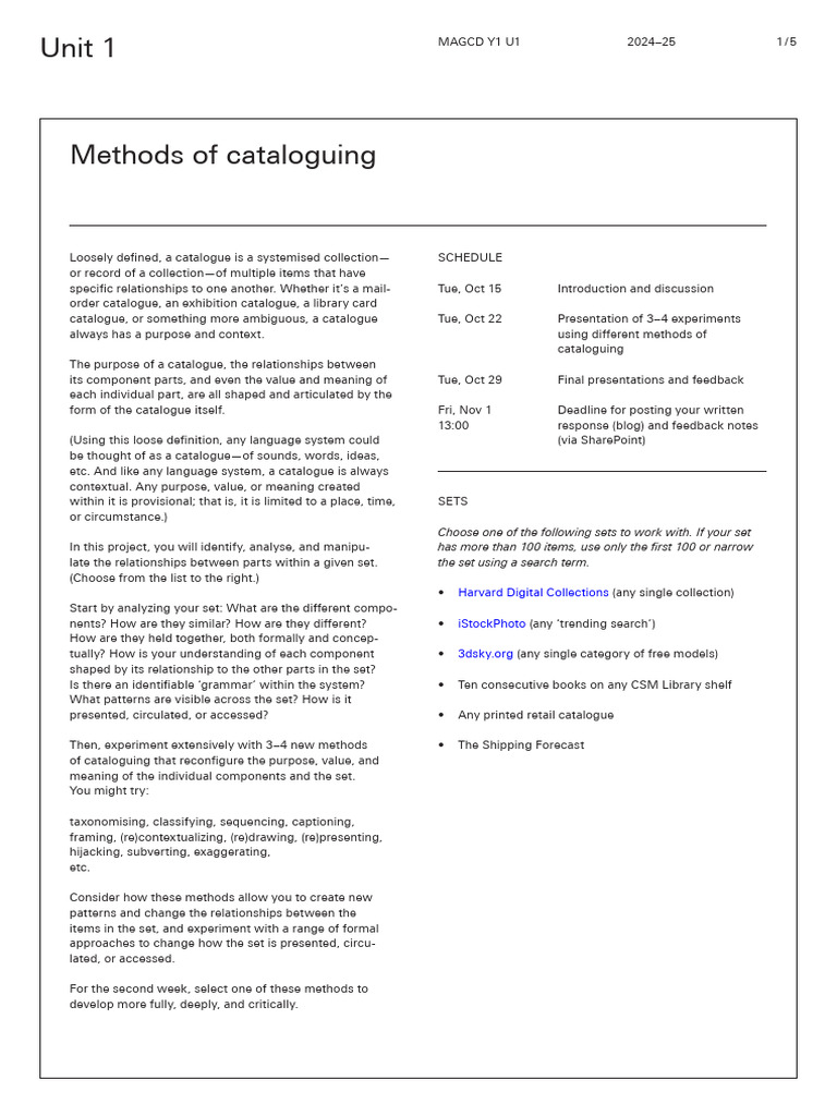 MAGCD Y1 U1 2024-25 Project Brief 2 - Methods of Cataloguing | PDF ...